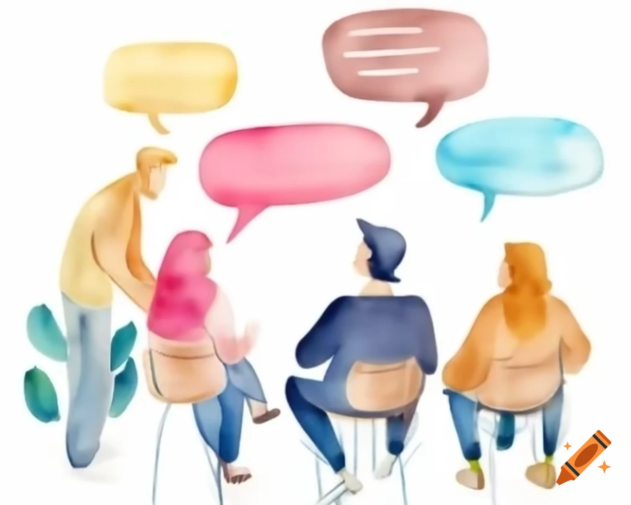 Multiple people sitting and talking with speech bubbles in a banner ...