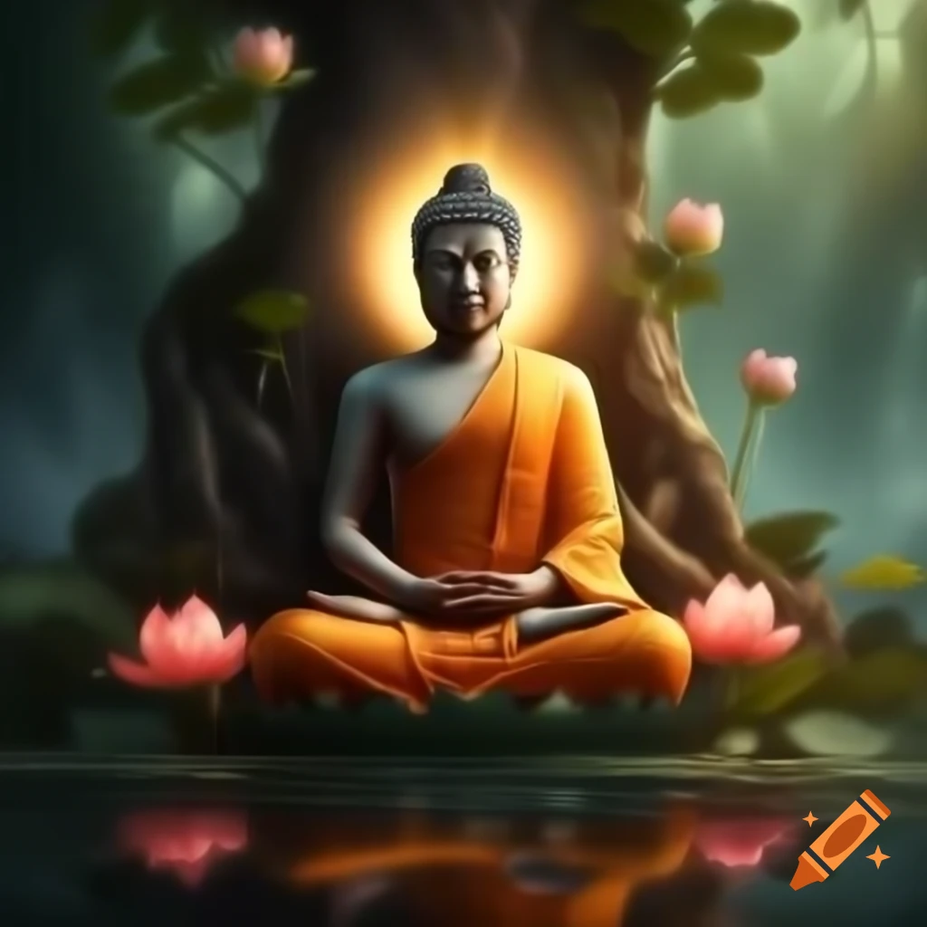 Hyper-detailed digital portrait of Lord Buddha meditating under Bodhi ...