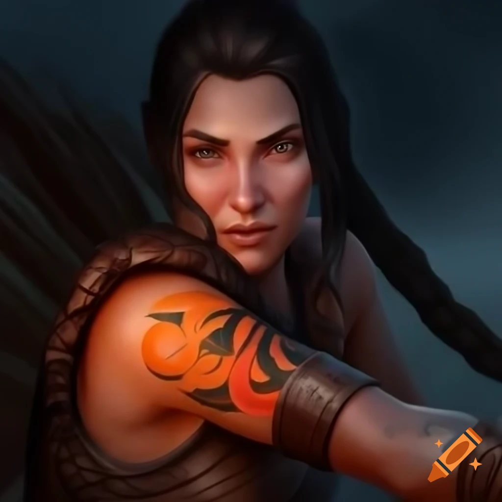 Warrior woman with dragon tattoo standing defiant, strong contrast of ...