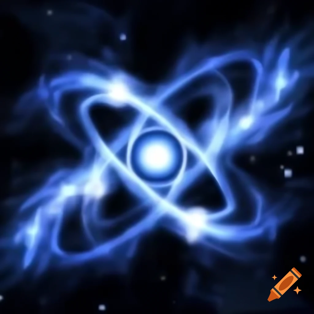 Cosmic scene with central atom and glowing infinity symbol in blue and ...