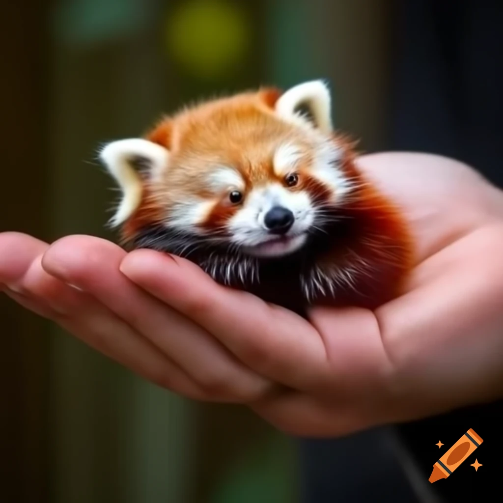 Fluffy red panda curled up in hand, looking sleepy and adorable on Craiyon