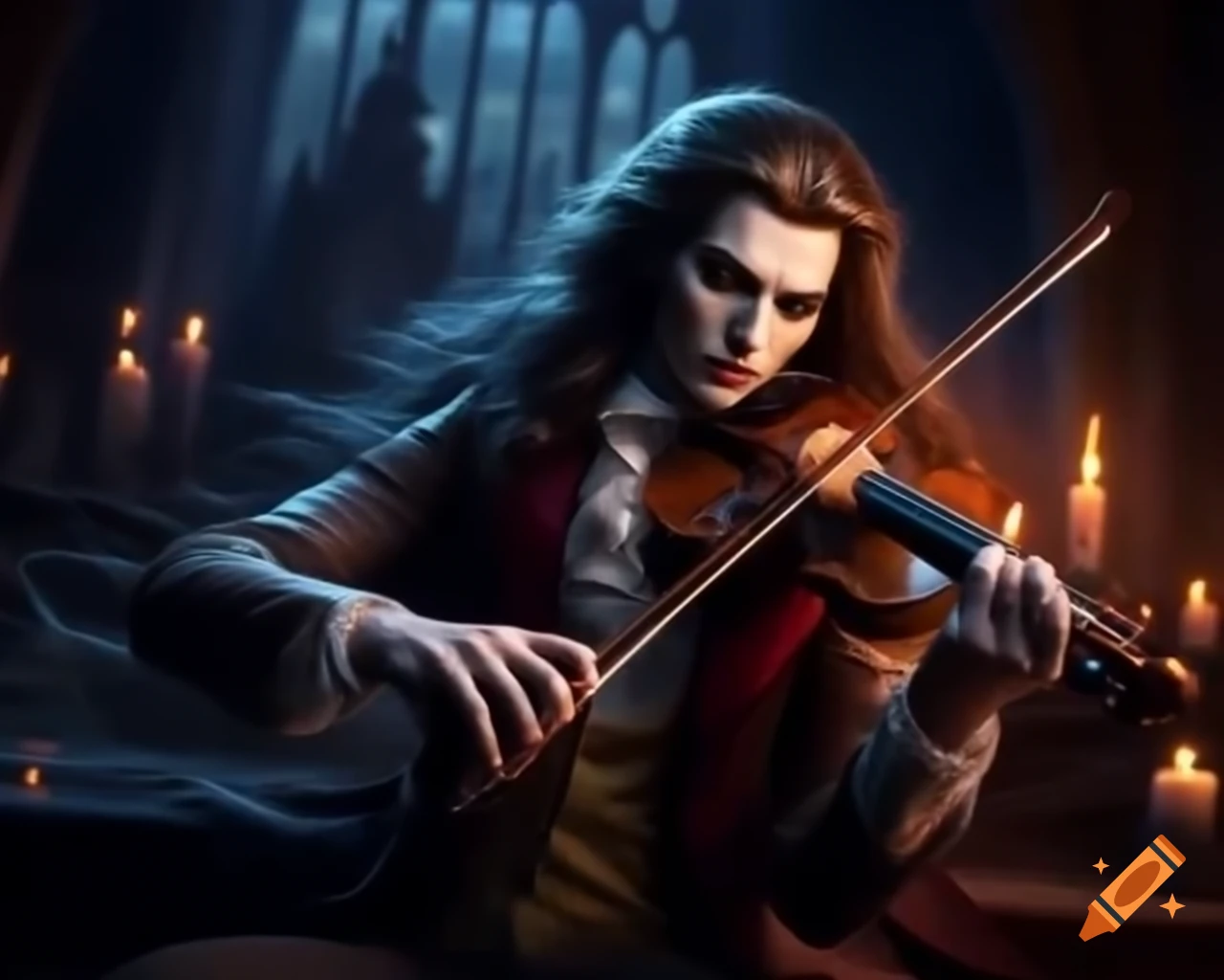 Aristocrat vampire playing violin in gothic castle with candlelight on ...