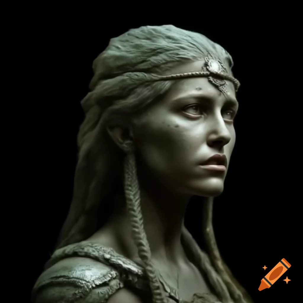 Ancient metal sentinel warrior with weathered features and moss on Craiyon