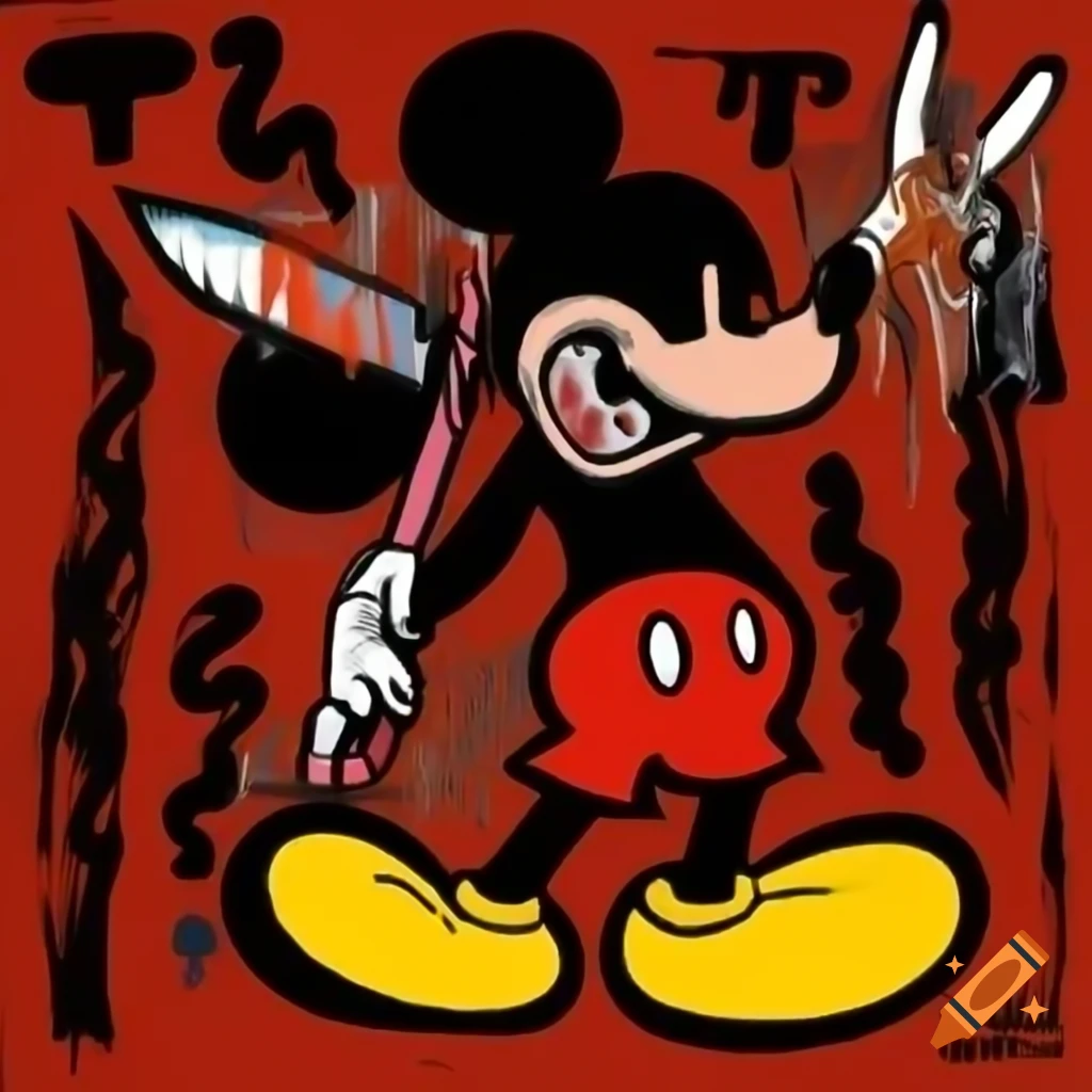 Mickey Mouse in cartoon style with intense expression and knife on Craiyon