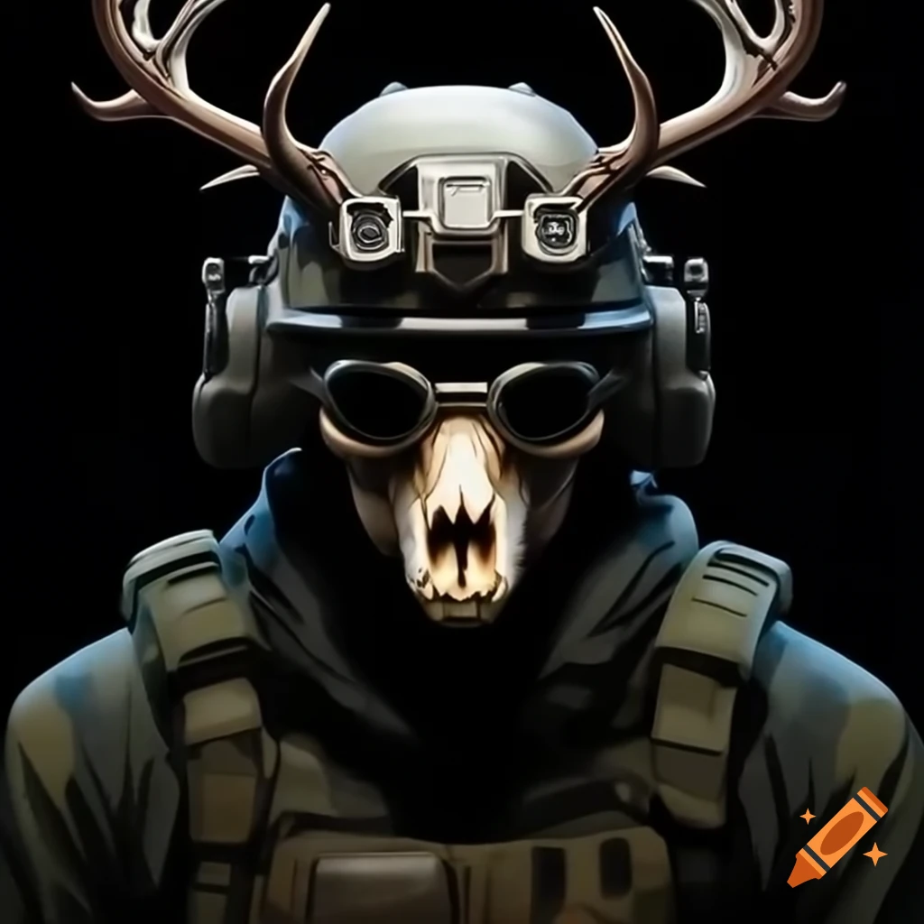 Wendigo with deer skull, wearing tactical helmet and military gear on ...