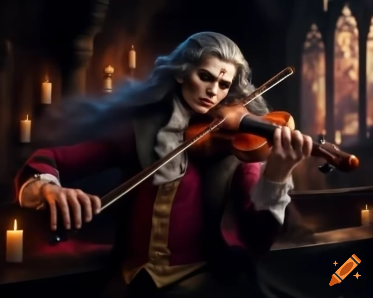 Aristocrat vampire playing violin in gothic castle with candlelight on ...