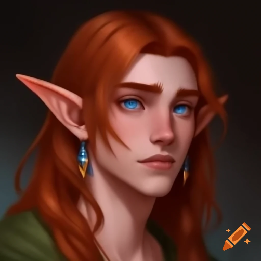 Young male elf with copper-orange hair and sapphire blue eyes on Craiyon