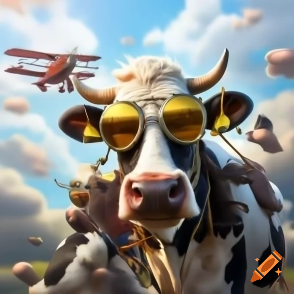 Dairy cow in aviator goggles piloting biplane through cumulus clouds on ...