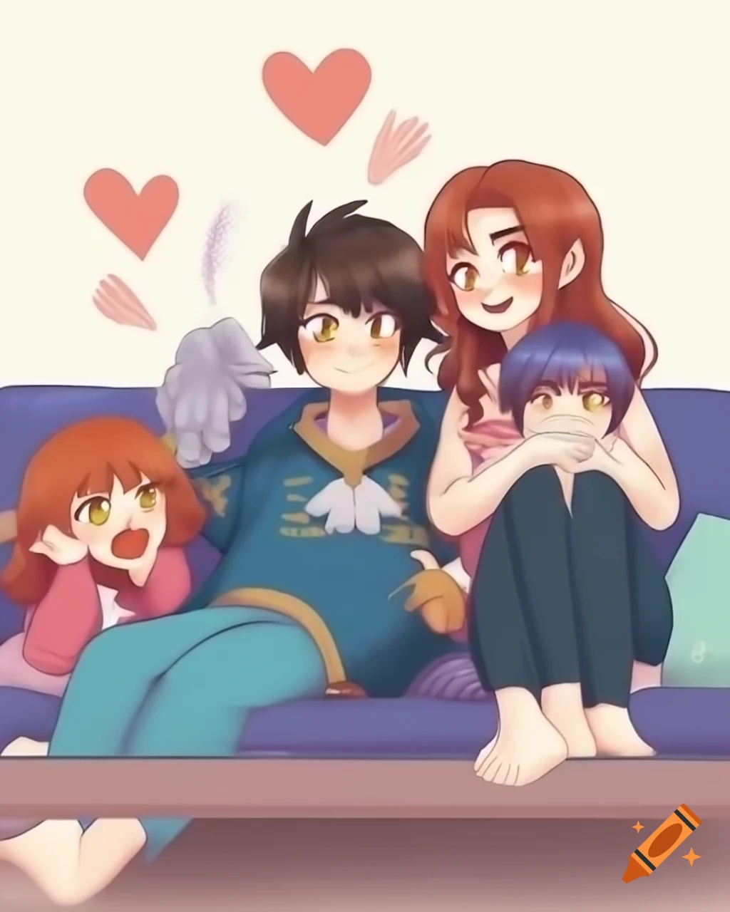 Human Kai from Ninjago sitting on couch with wife and twin daughters on ...