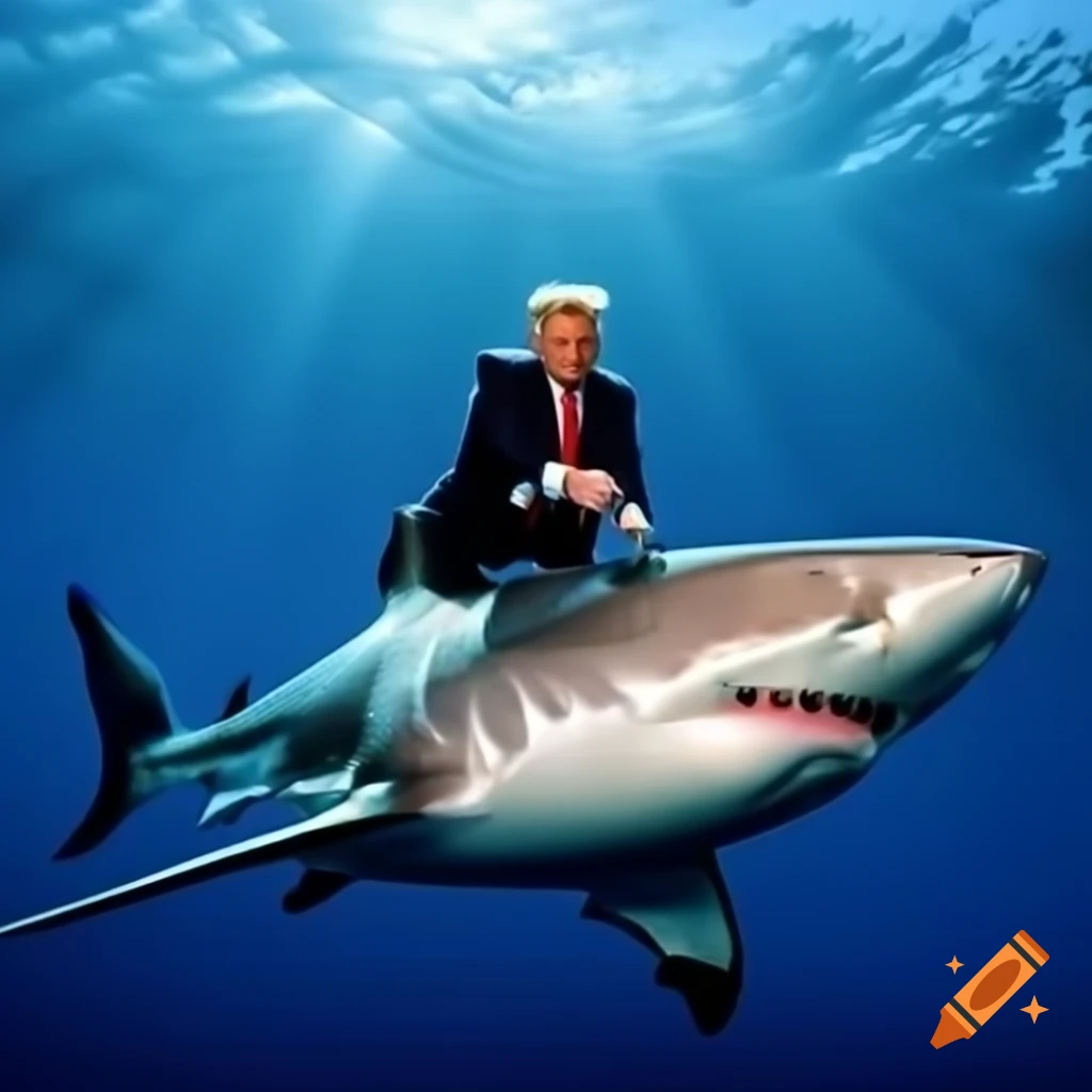 Donald trump riding a shark underwater in a cartoonish style on Craiyon
