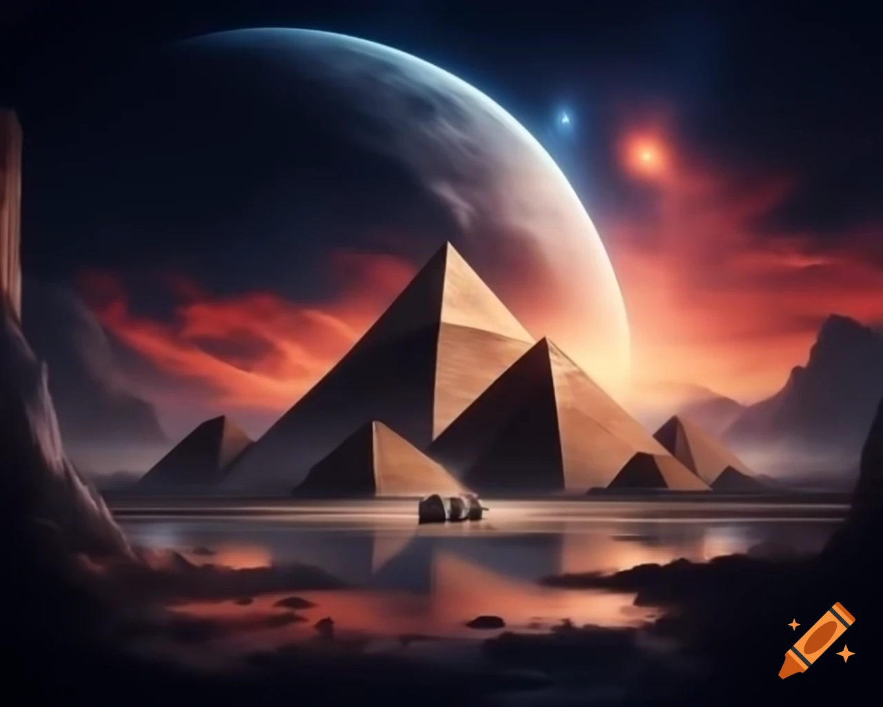 Futuristic monuments including pyramids and sphinx by a peaceful lake under twilight sky with ...