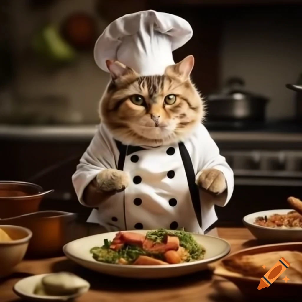 Cat cooking dinner in a kitchen setting on Craiyon