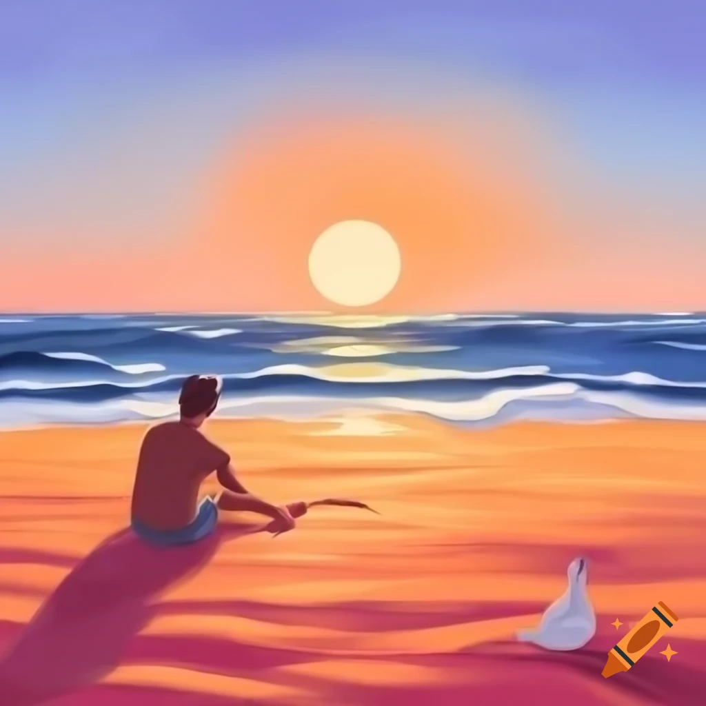 Man sitting on sandy beach watching sunset over sea on Craiyon