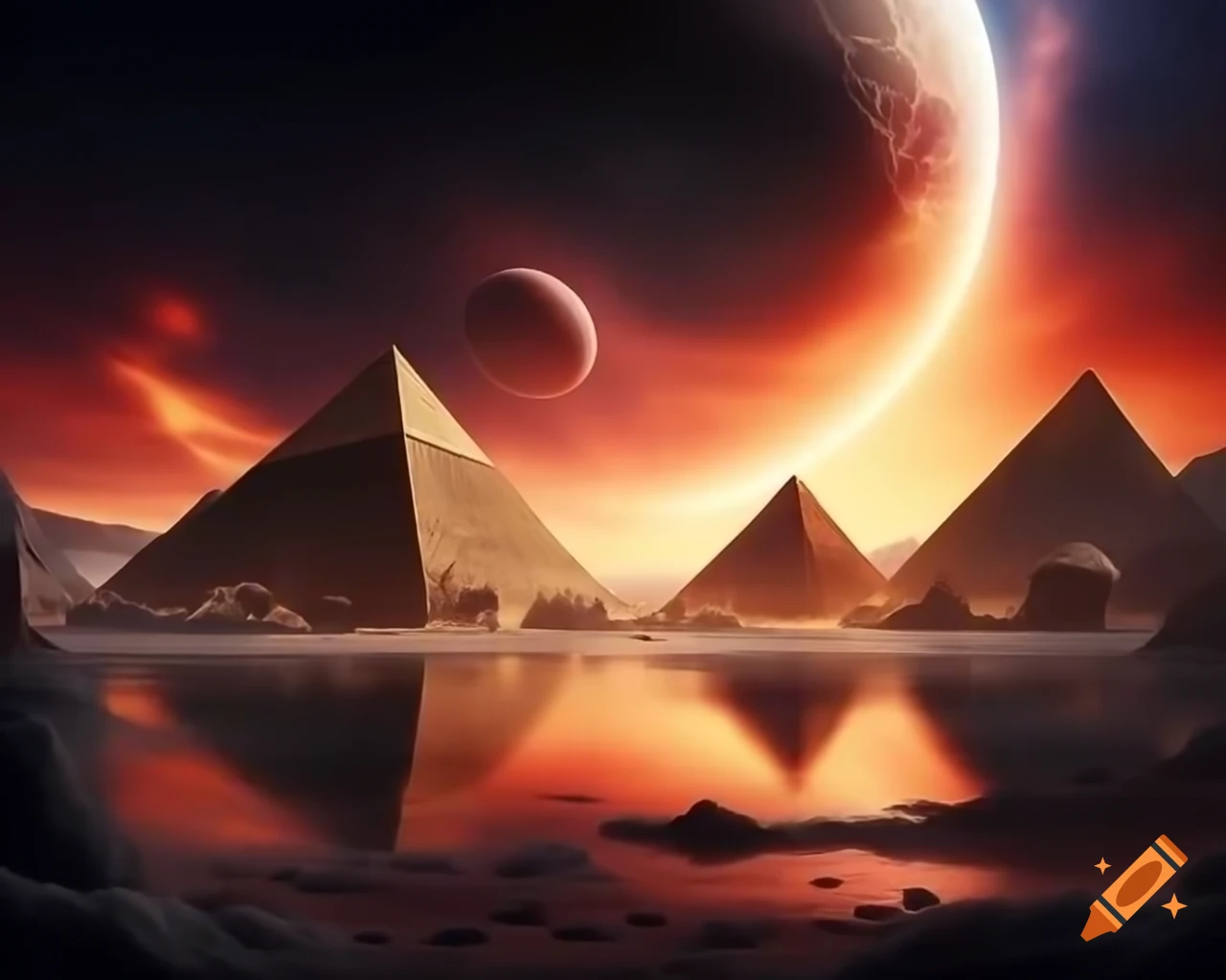 Futuristic landscape with pyramids and Sphinx at sunset, planets ...