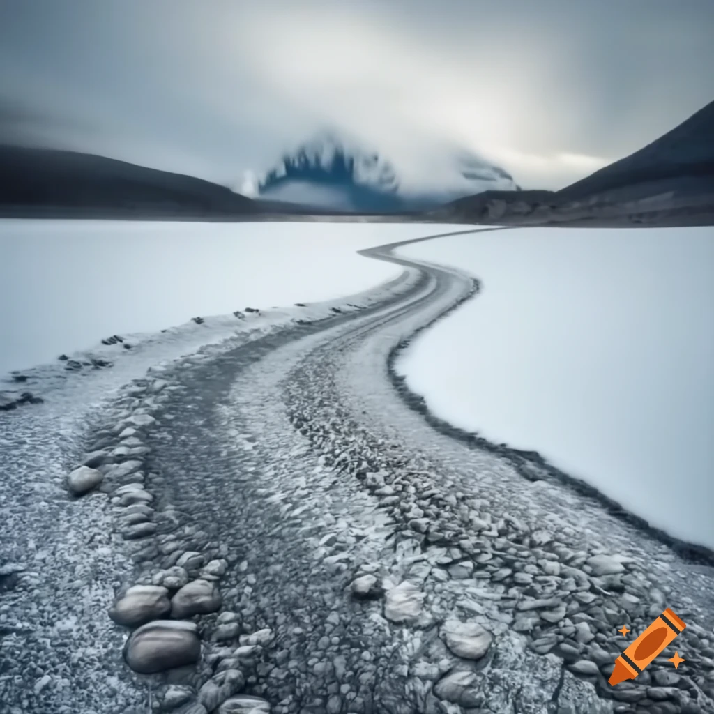 Intricate esker in snow-covered landscape with exposed gravel and rocks ...