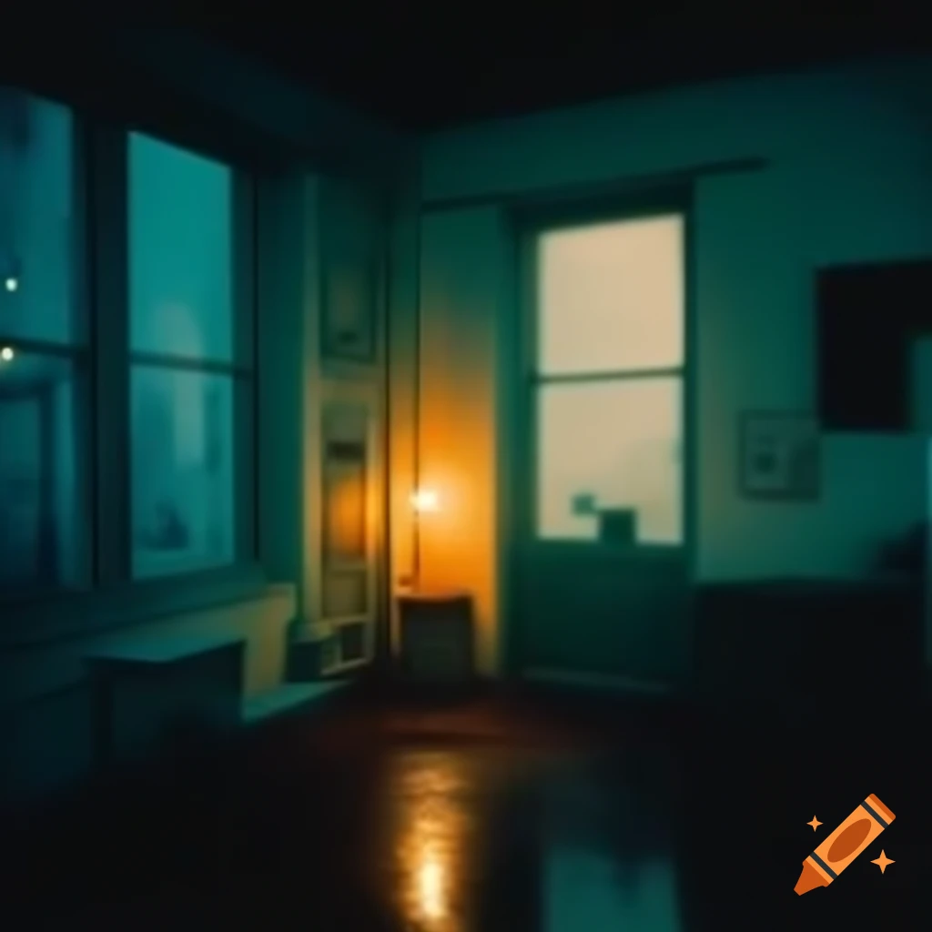 Cozy dimly lit room with vintage decor and window overlooking rainy ...