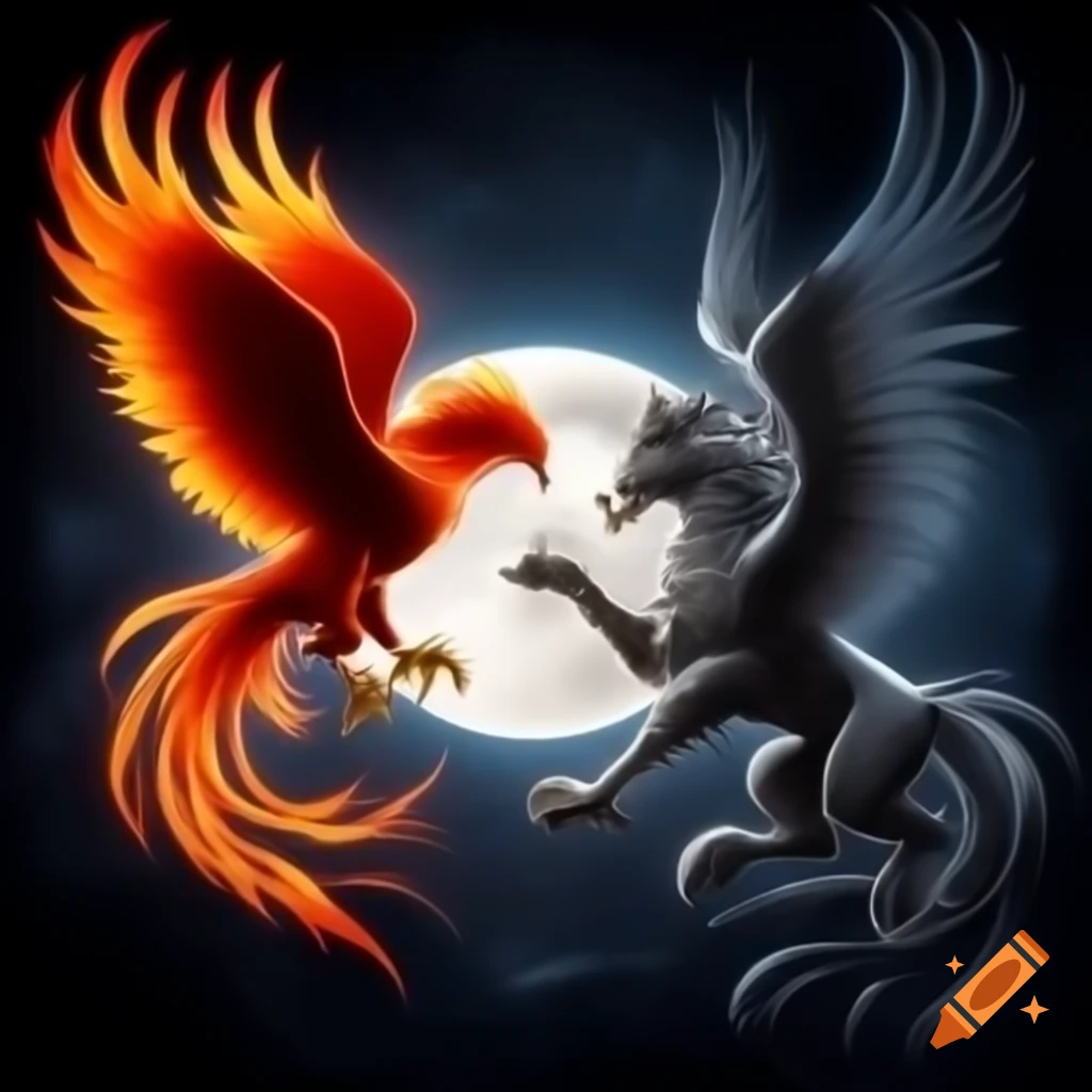 Phoenix and griffin battling against lunar eclipse on Craiyon