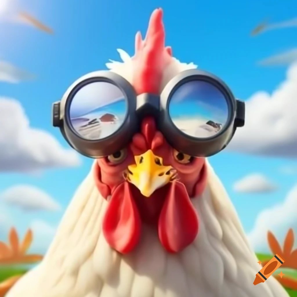 Chickens flying with goggles against blue sky and white clouds on Craiyon