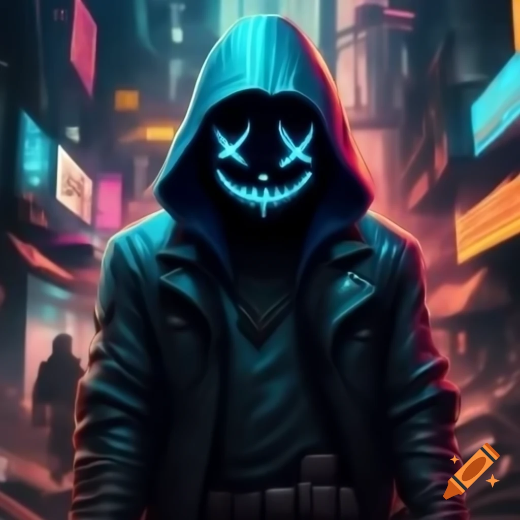 Epic character in blue metallic mask and dark cloak in illustrated ...