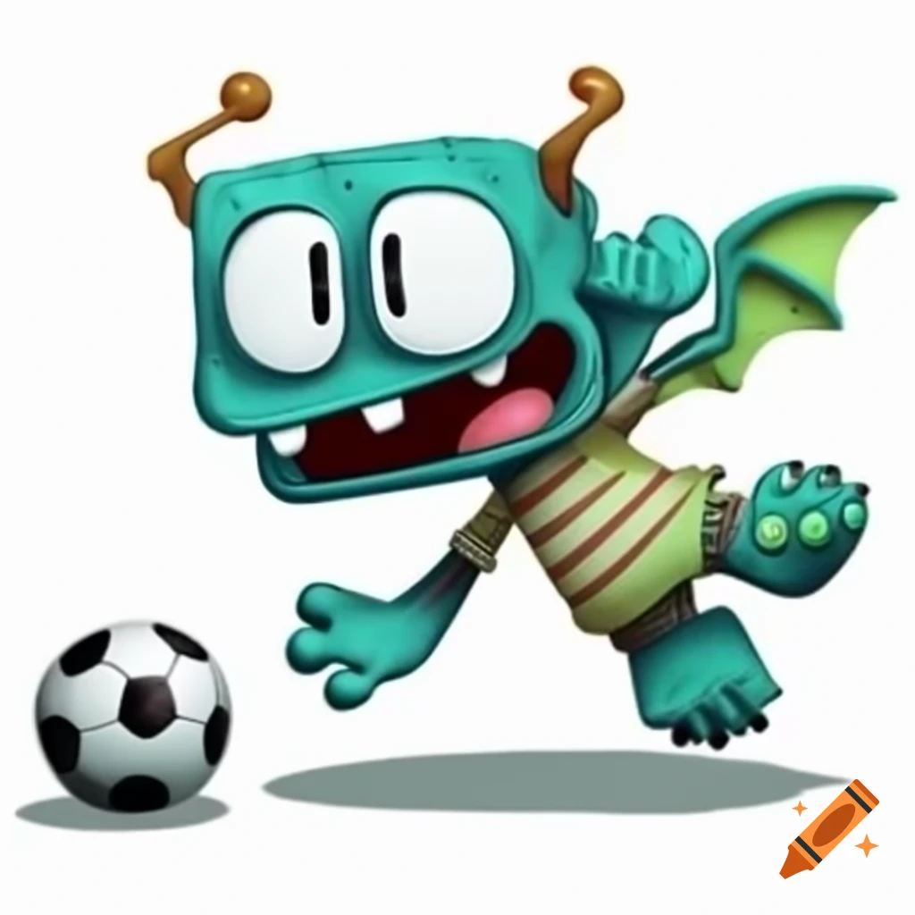 Clumsy square dragon with big eyes in striped socks kicking soccer ball ...