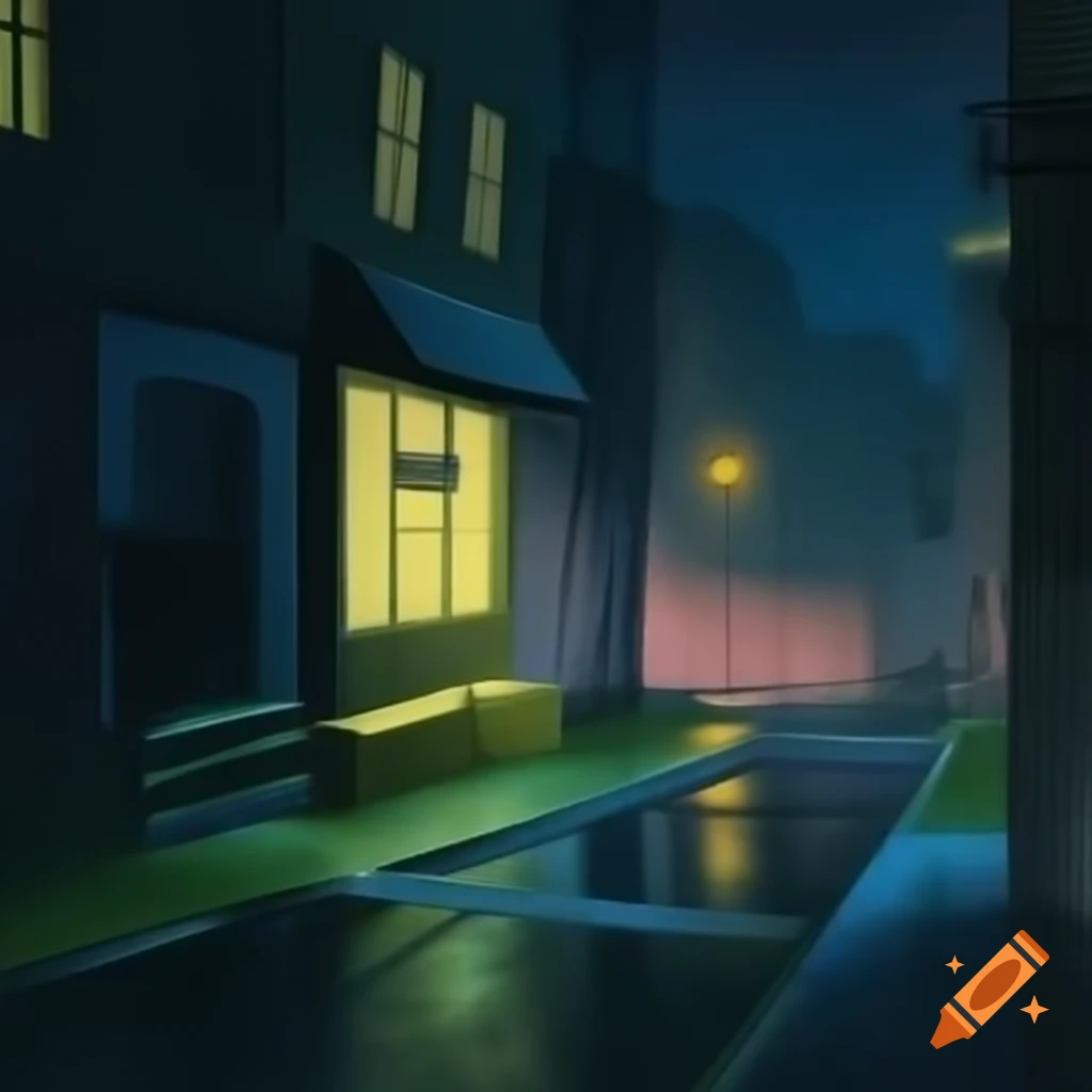 Cozy dimly lit road with vintage decor and rainy street view at night ...