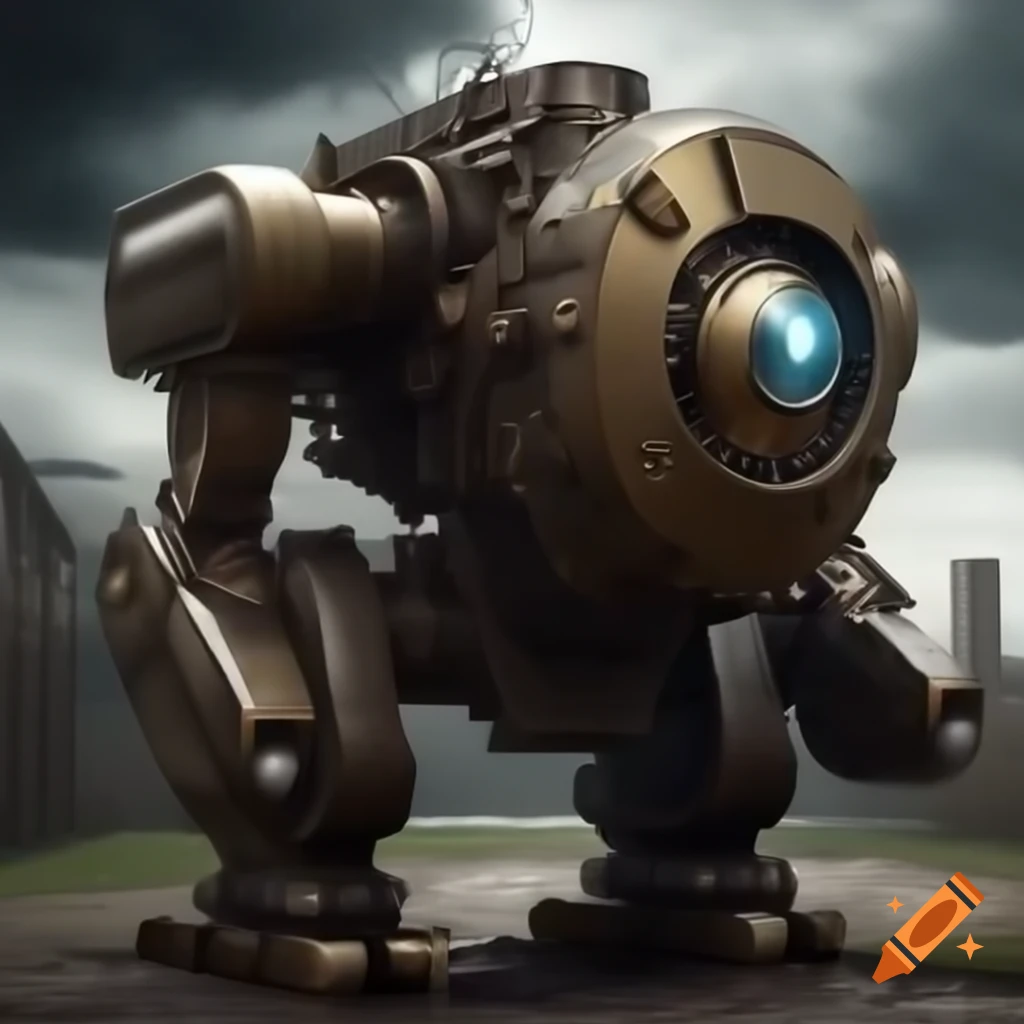 Humanoid steam-powered train robot featuring a bronze lion plaque on ...