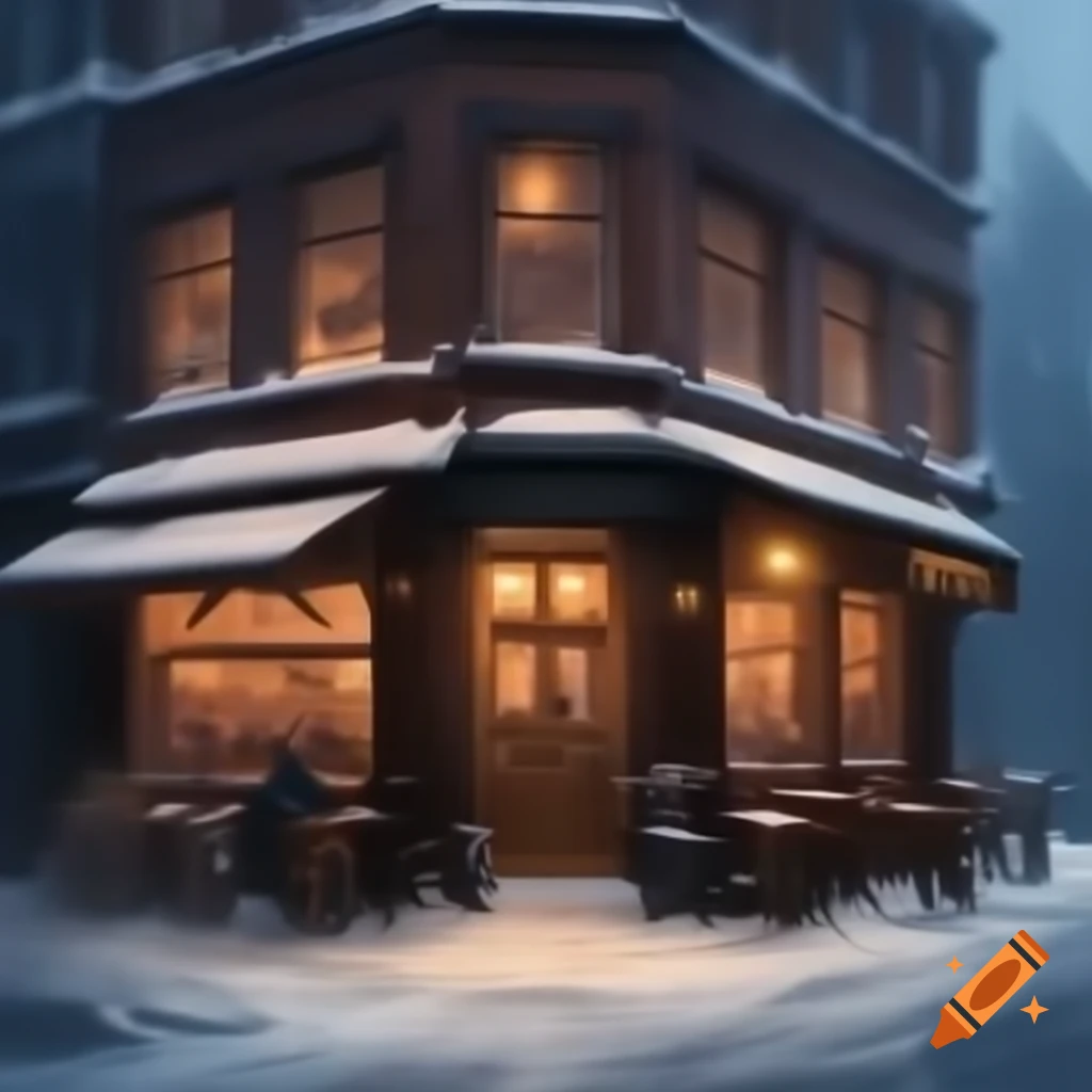 Cozy coffee bar on snow-dusted street with warm glow on Craiyon