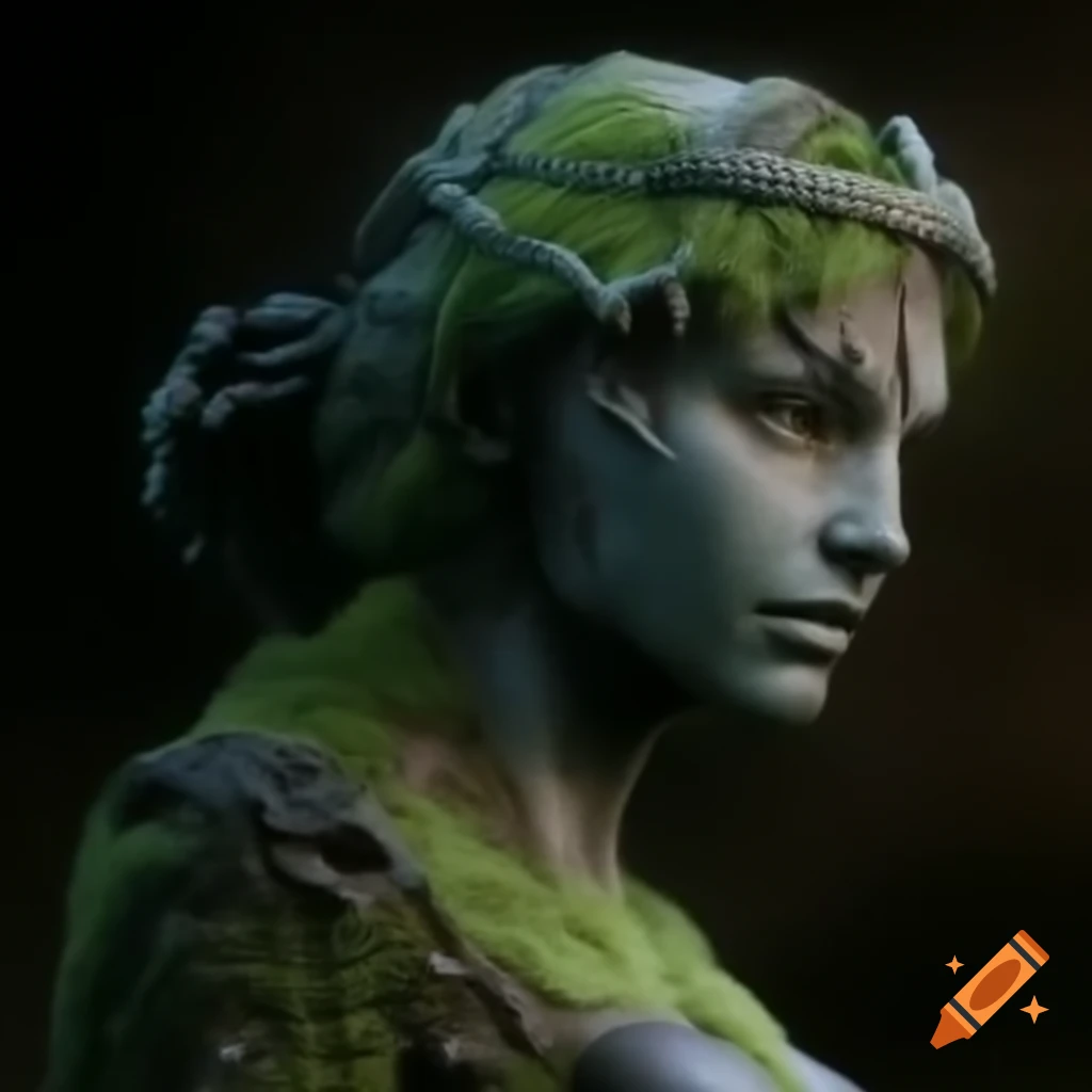 Ancient metal sentinel warrior sculpture with moss accents on Craiyon