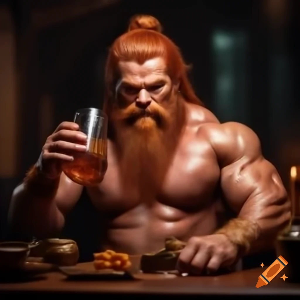 Muscular werehuman monk with red hair and tan skin drinking from a ...