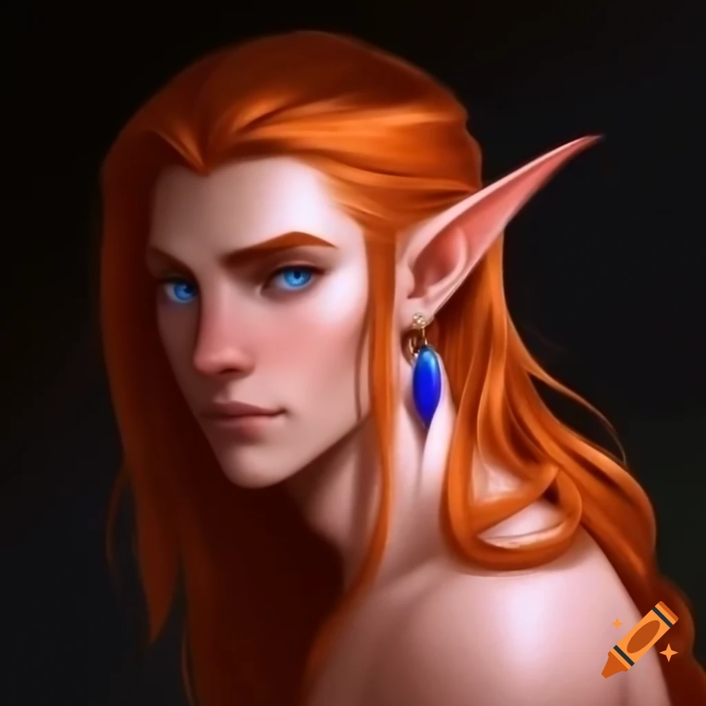 Young male elf with copper-orange hair and blue sapphire eyes, adorned ...