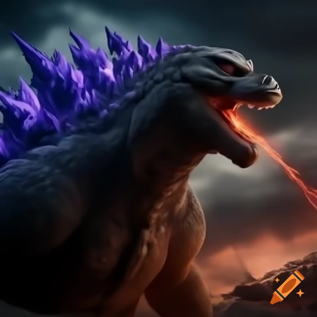 Godzilla shooting reddish-purple plasma beam into ominous sky on Craiyon