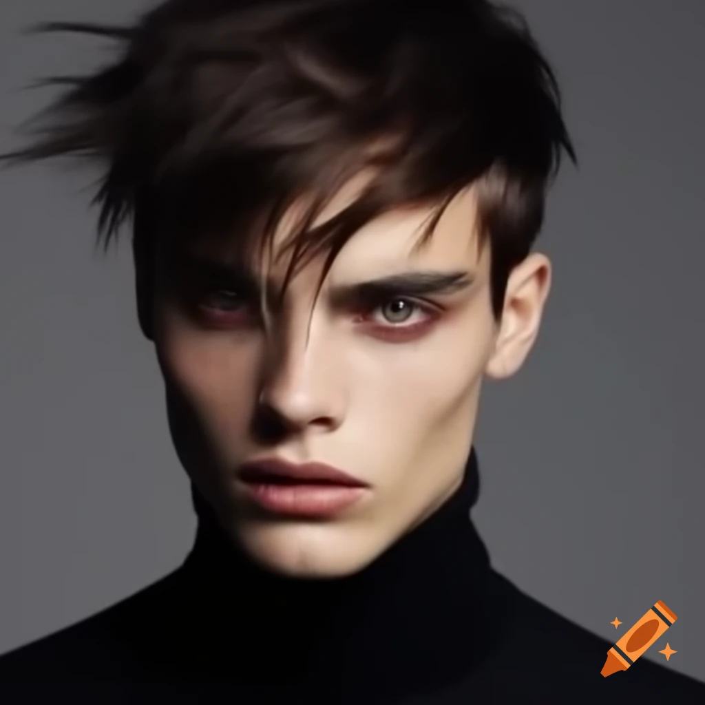 Male model with sharp cheekbones and brown eyes, styled hair on Craiyon