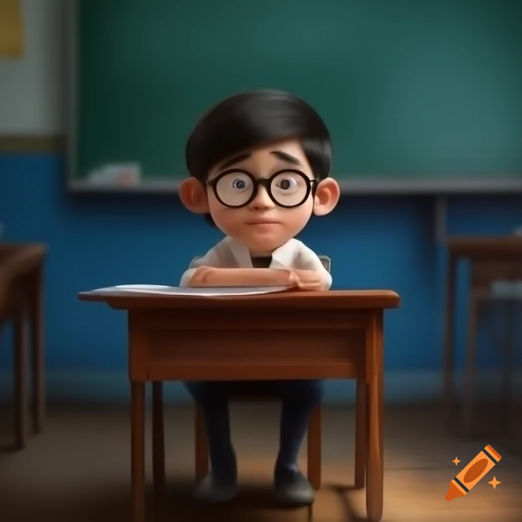 Caricature of young Filipino student sitting at desk in empty classroom ...