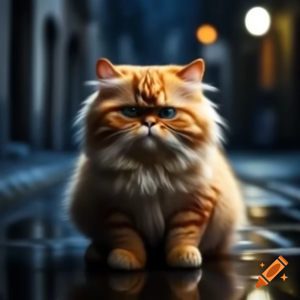 Fluffy orange cat with blue eyes sitting in a dim alley with glowing ...