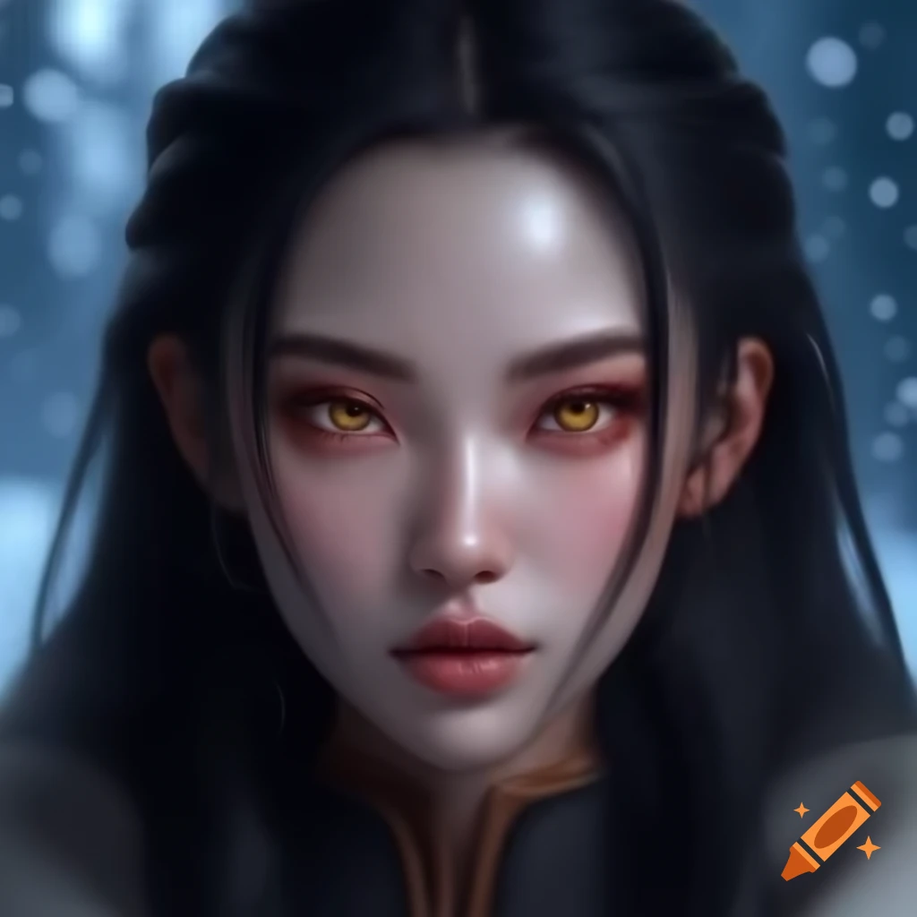 Close-up portrait of caucasian woman with black hair and ember-brown ...