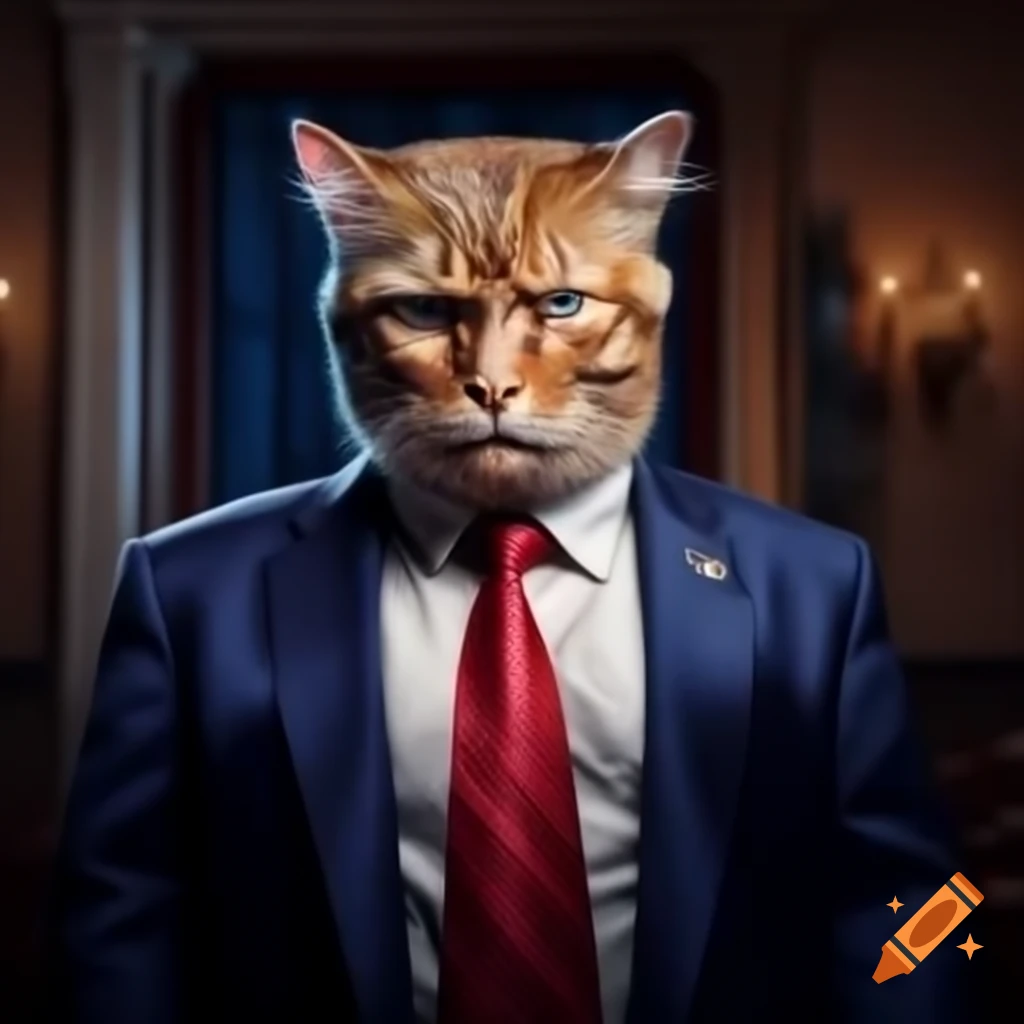 Donald Trump humorously depicted riding a cat with an M4A1 rifle on Craiyon