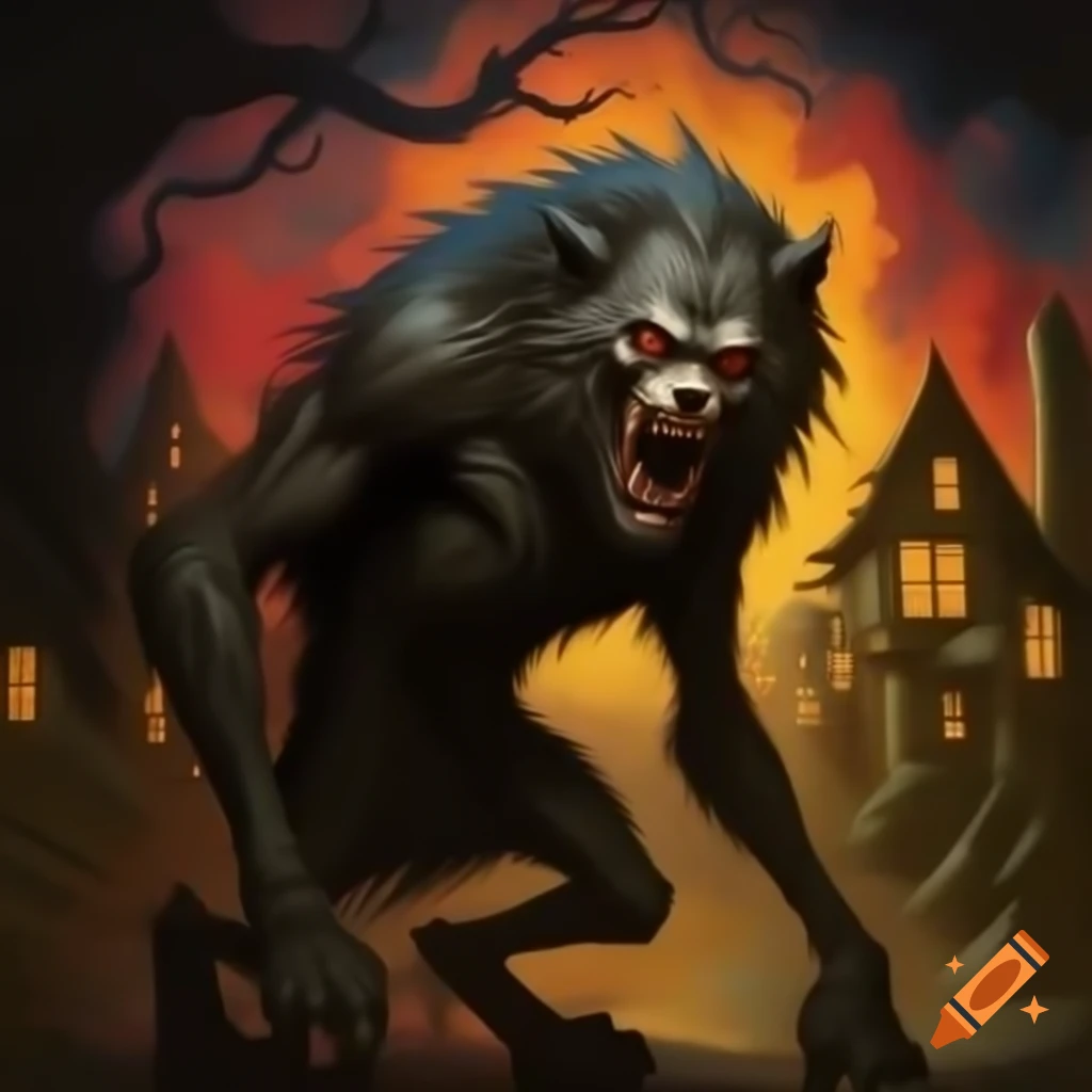 Werewolf terrorizing village with people running and colorful details ...