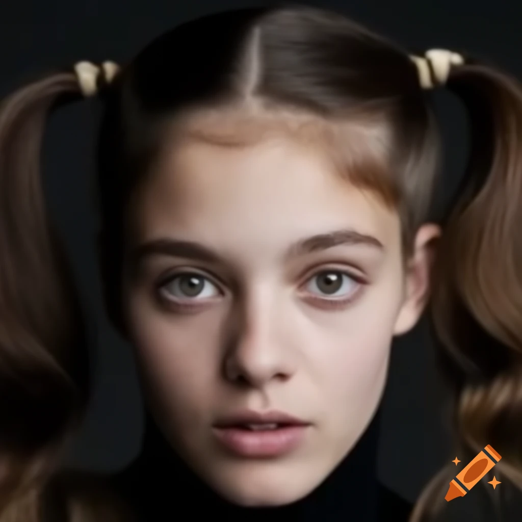 Close-up portrait of a girl with pigtails and big brown eyes on Craiyon