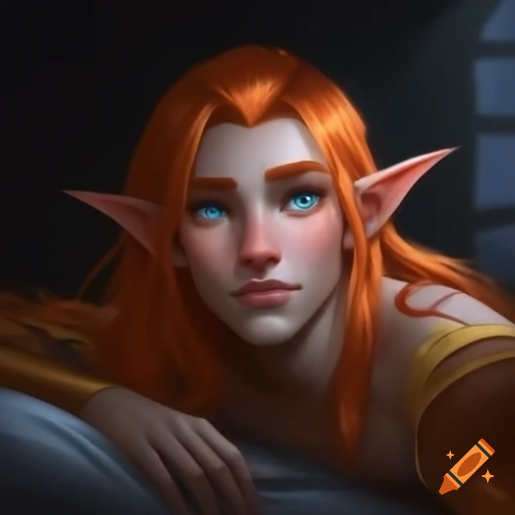 Ethereal young male elf with copper-orange hair and blue-sapphire eyes ...