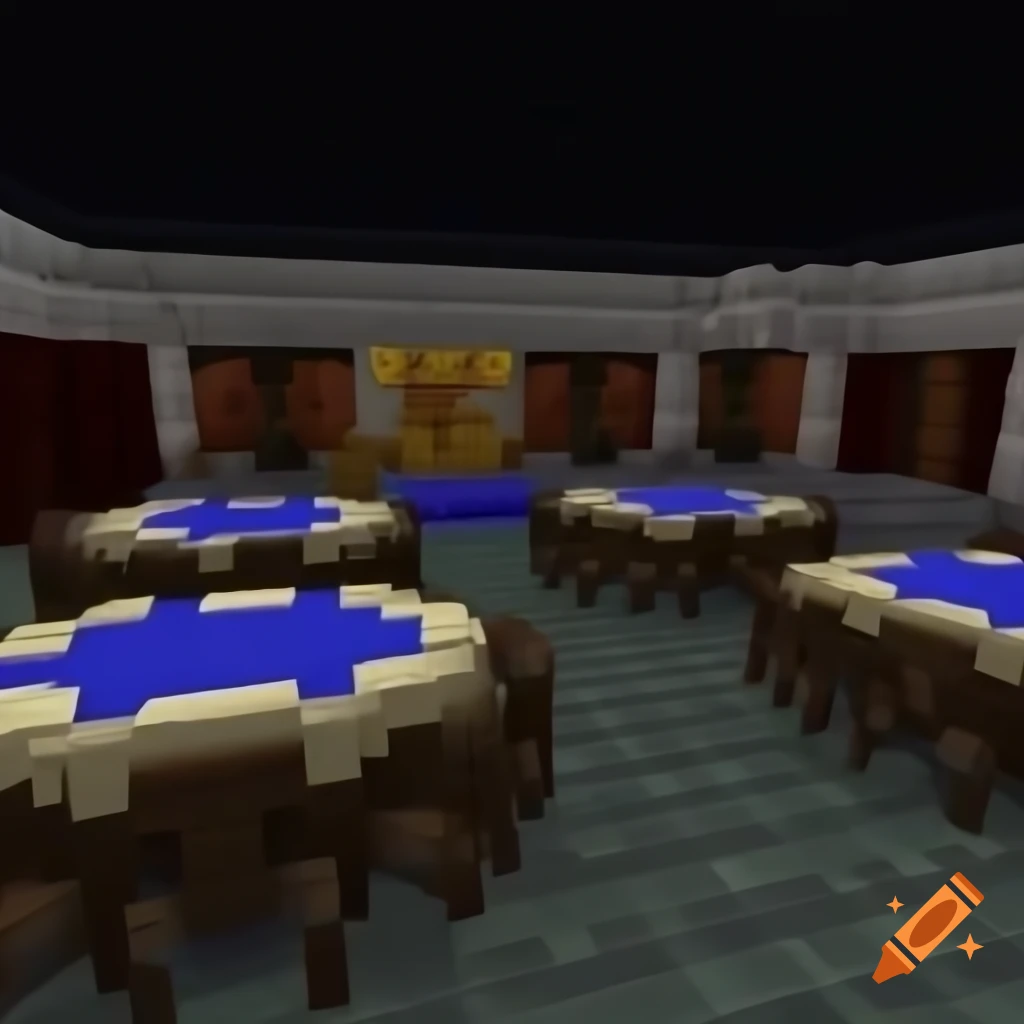 Minecraft-style hotel presentation room with long stage and rows of ...