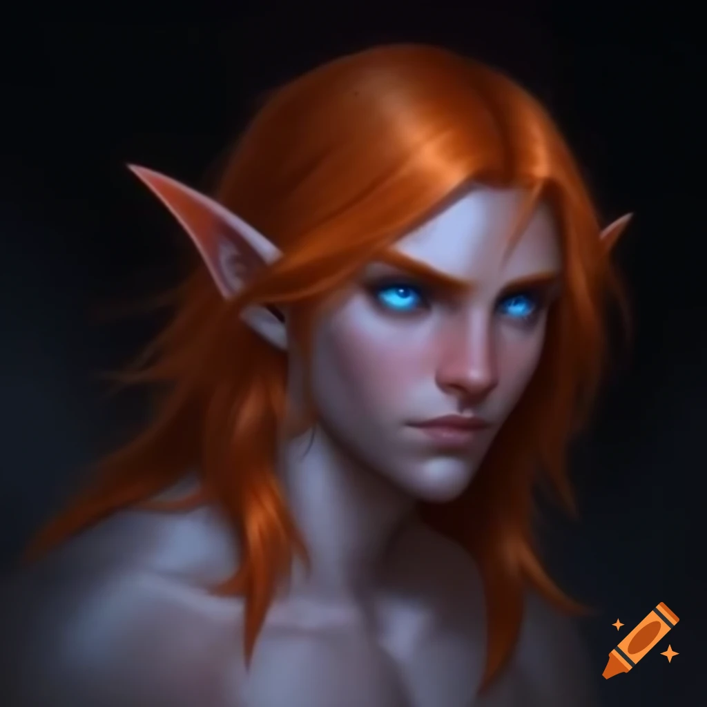 Young male elf with copper-orange hair and glowing skin, expressing ...
