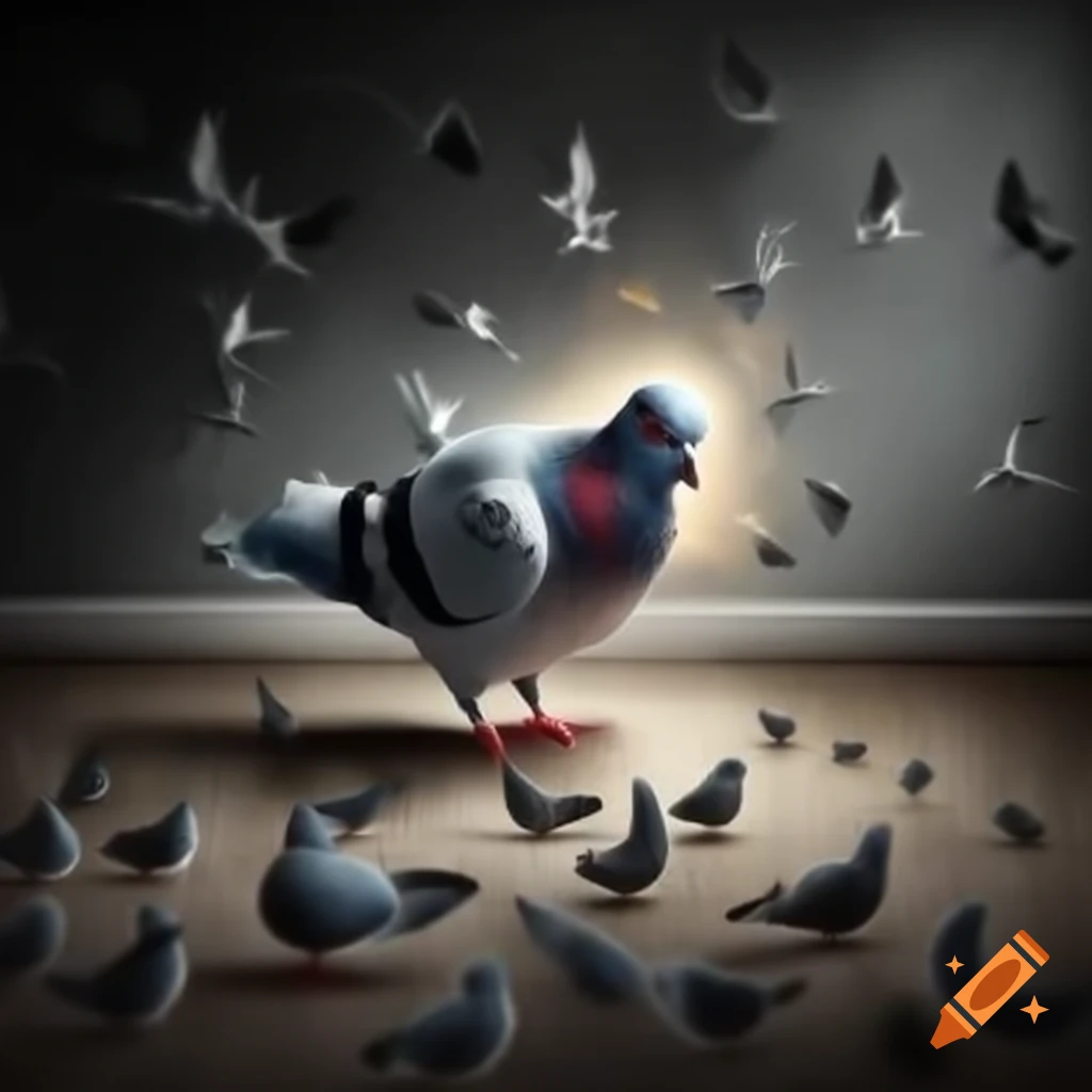 Pigeon in room with emotional expression during nuclear explosion on ...