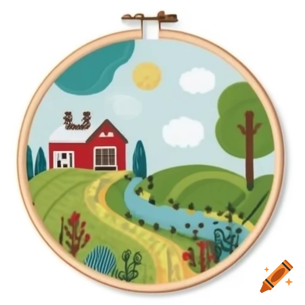 Countryside themed embroidery design in round shape on Craiyon