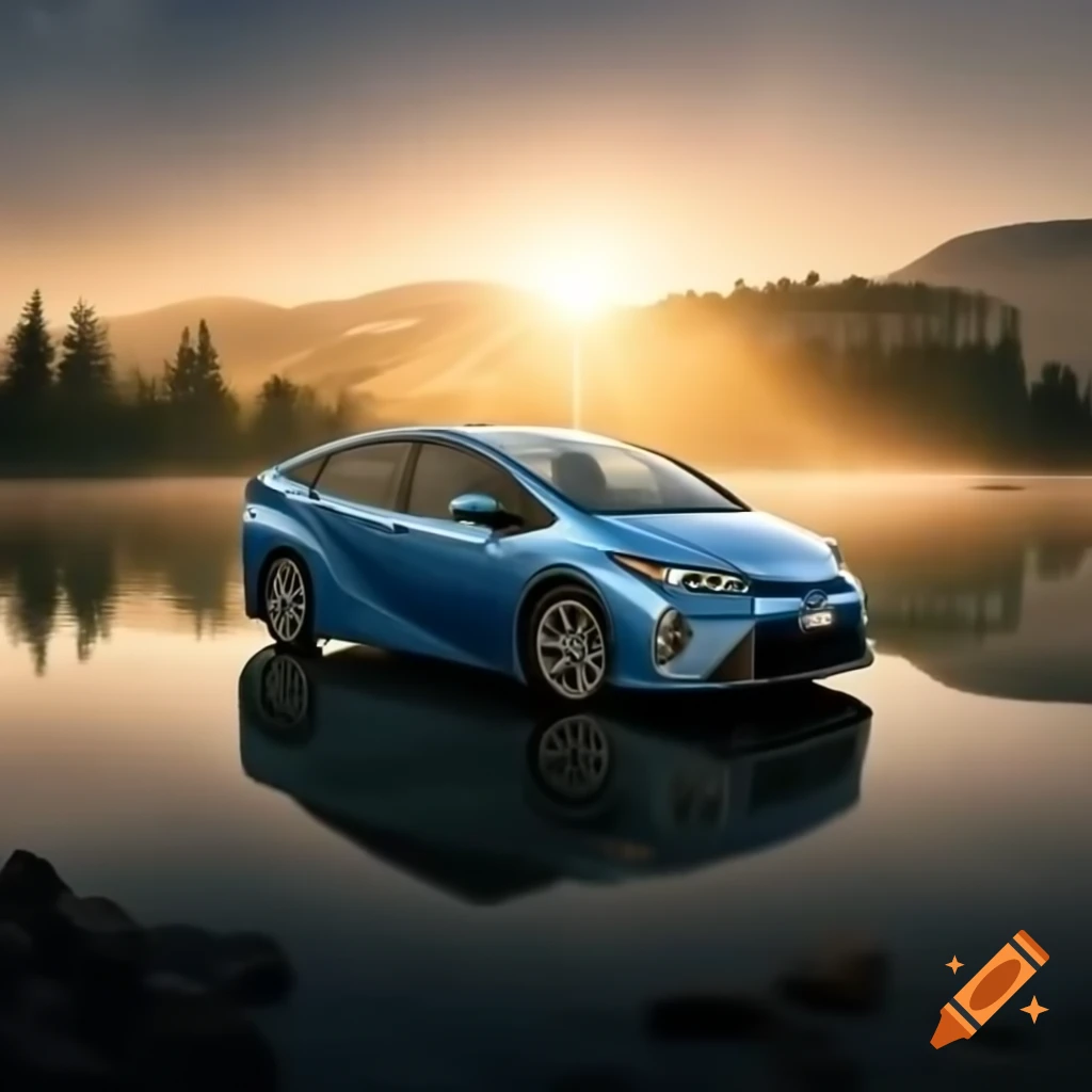 Toyota Prius Gen 3 parked by lake at sunrise with reflections and misty ...