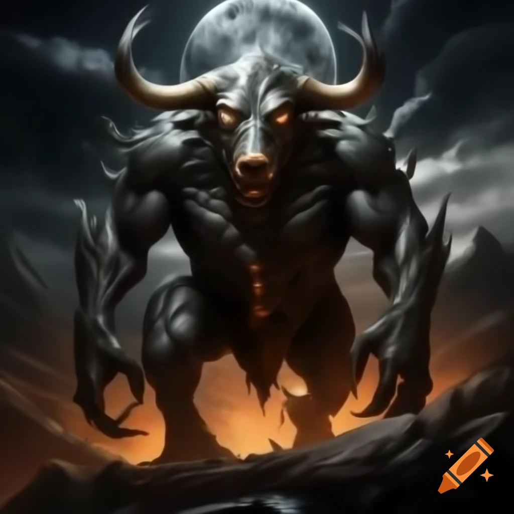 Powerful hybrid creature resembling a bull with scorpion features in ...