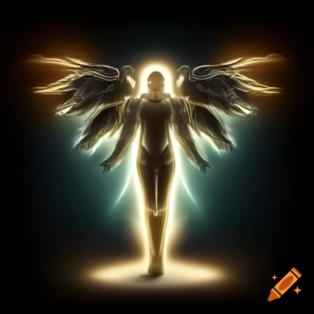 Metallic angel silhouette against swirling hues, showcasing intricate ...