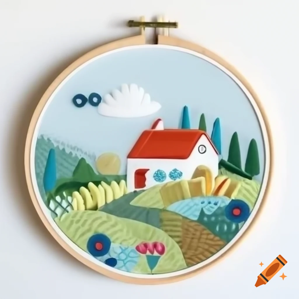 Countryside themed embroidery design in round shape on Craiyon