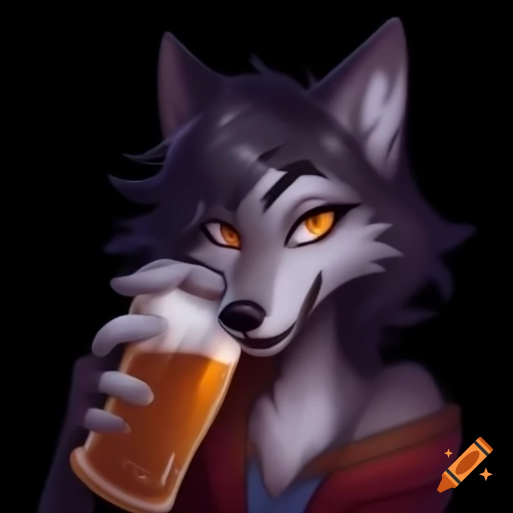 Wolf with playful smirk enjoying dark beer on Craiyon