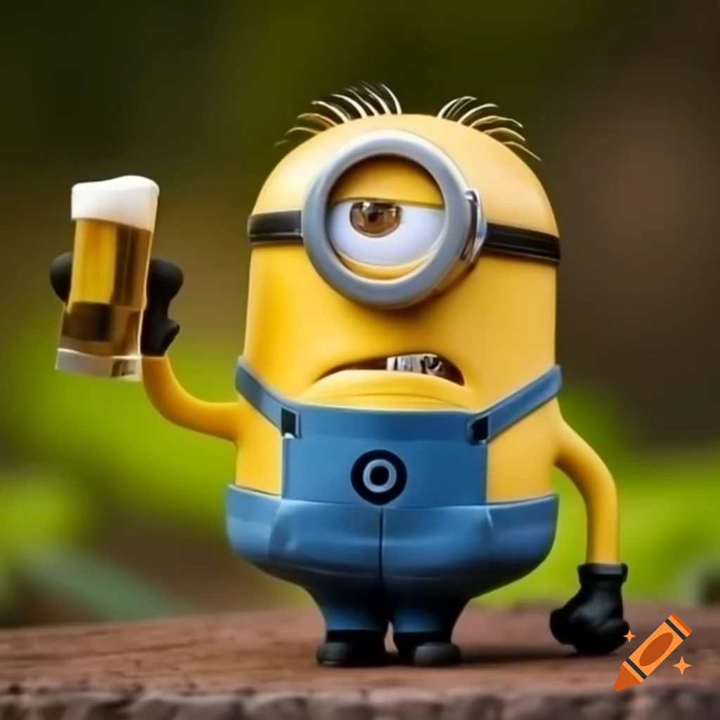 Owl designed in Minion comic style drinking beer on Craiyon
