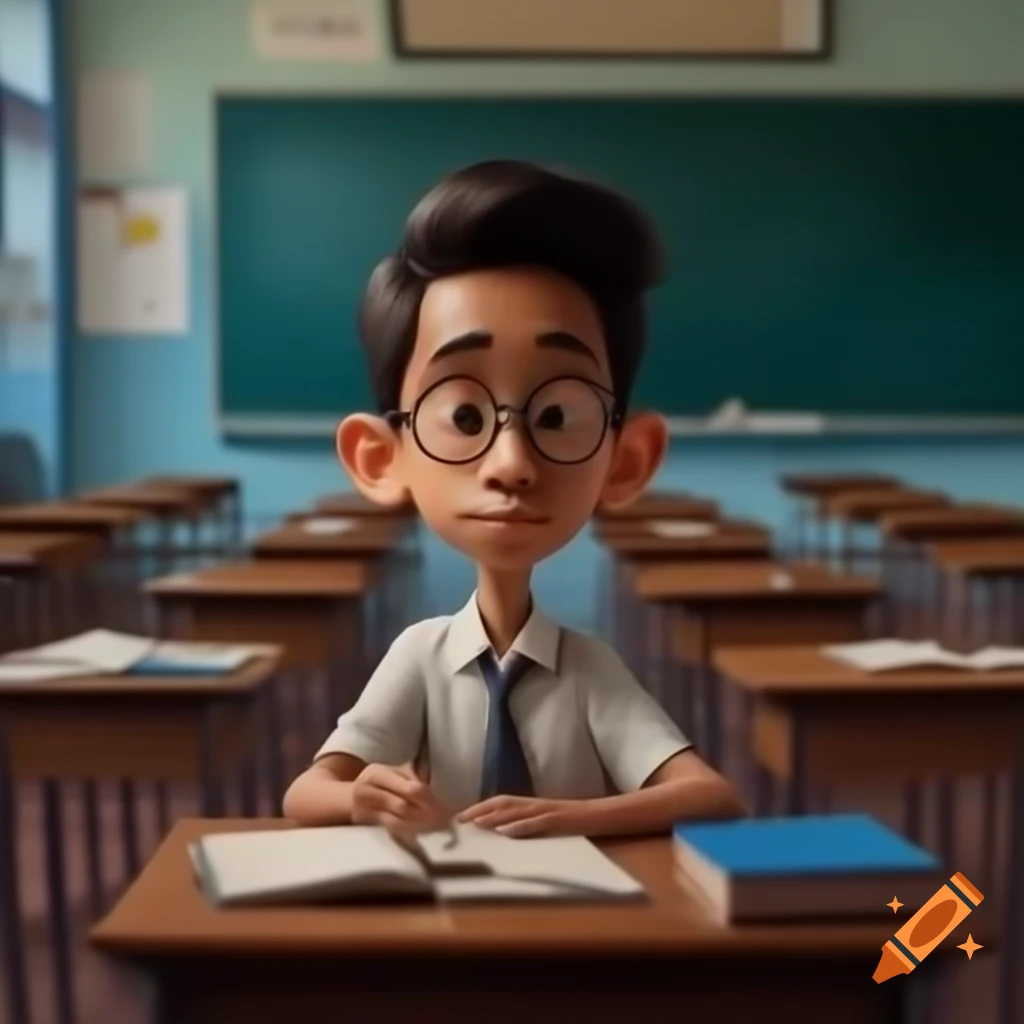 Caricature of young Filipino student sitting at desk in empty classroom ...